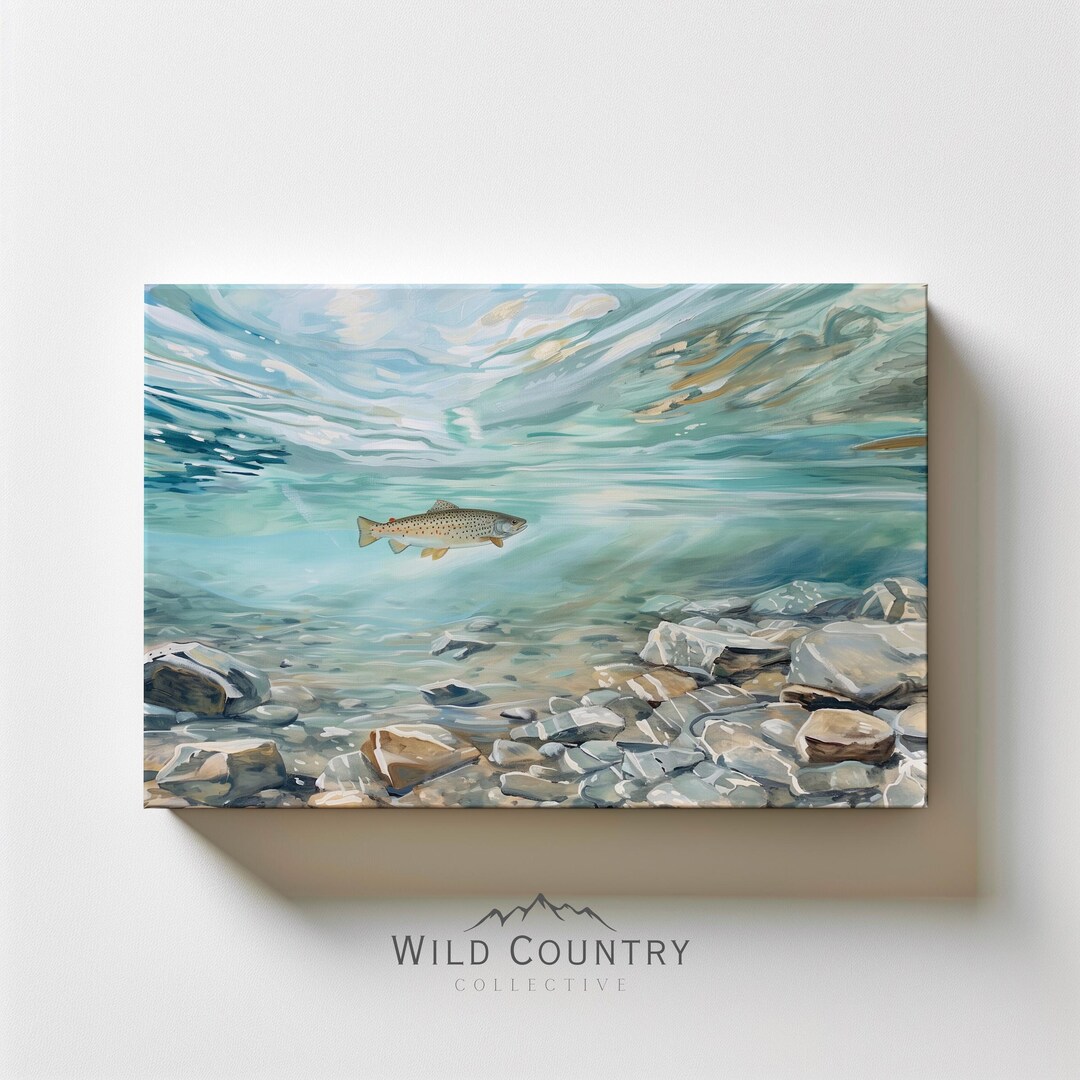 Crystal Clear Trout Oil Painting Print on Canvas, Vintage Lake ...