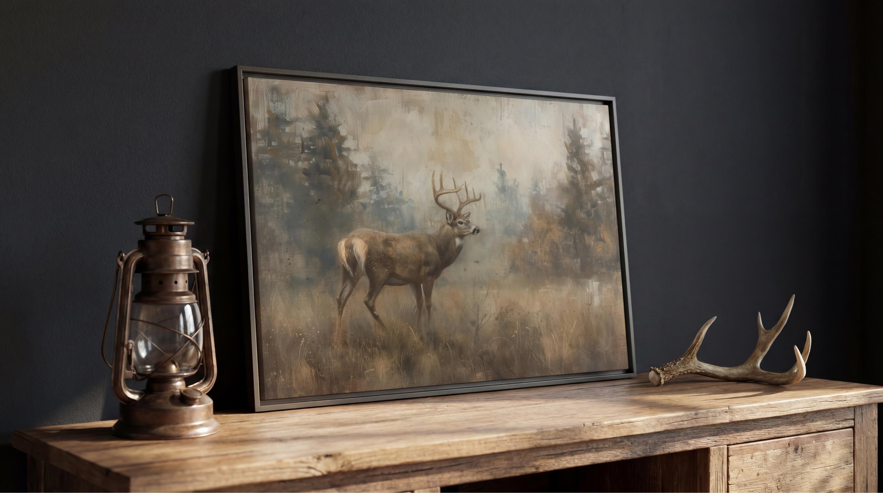 Framed Deer Canvas Rustic Wildlife Wall Art Buck in Forest Landscape ...