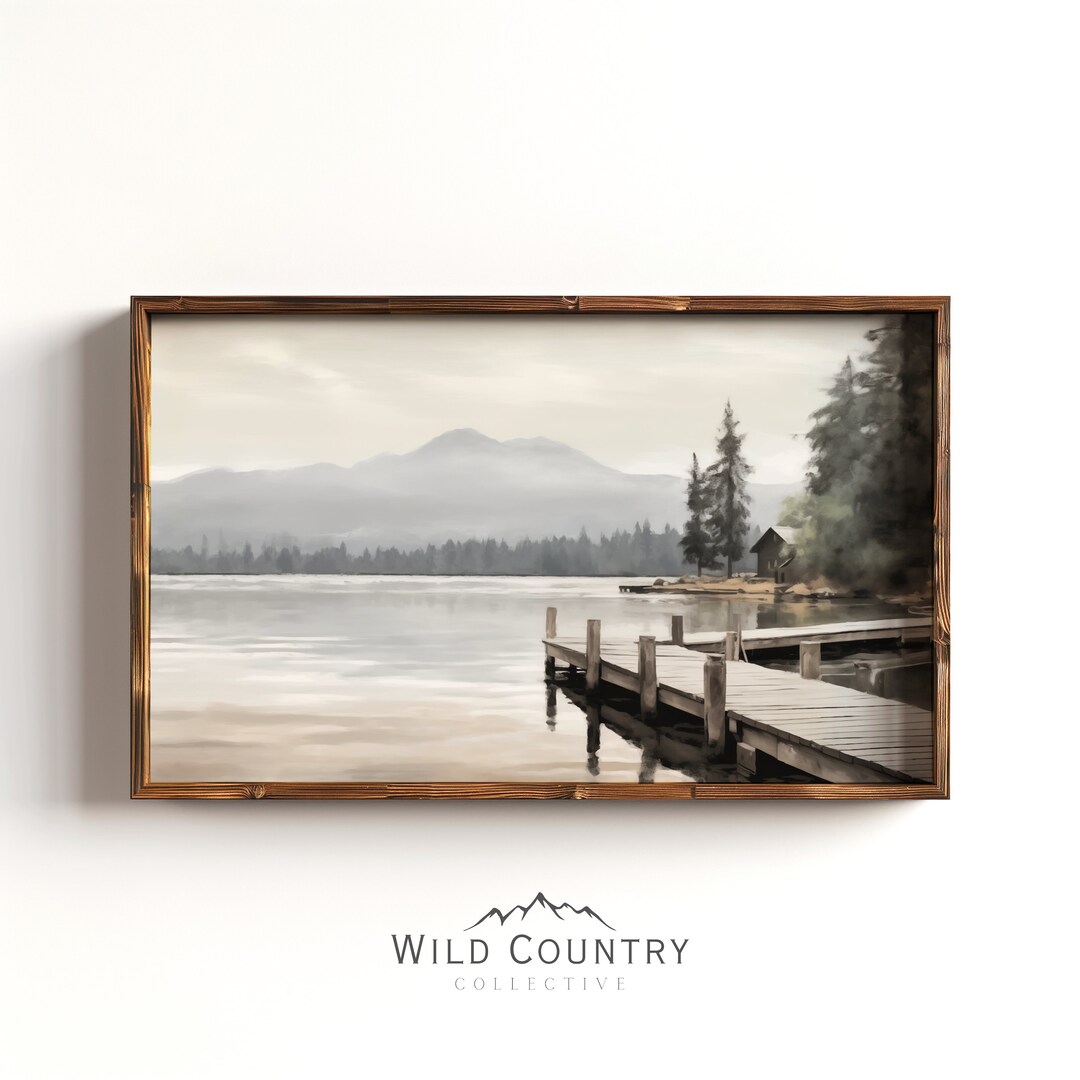 Vintage Lake Landscape Painting, Boat Dock Poster Print, Lake House ...