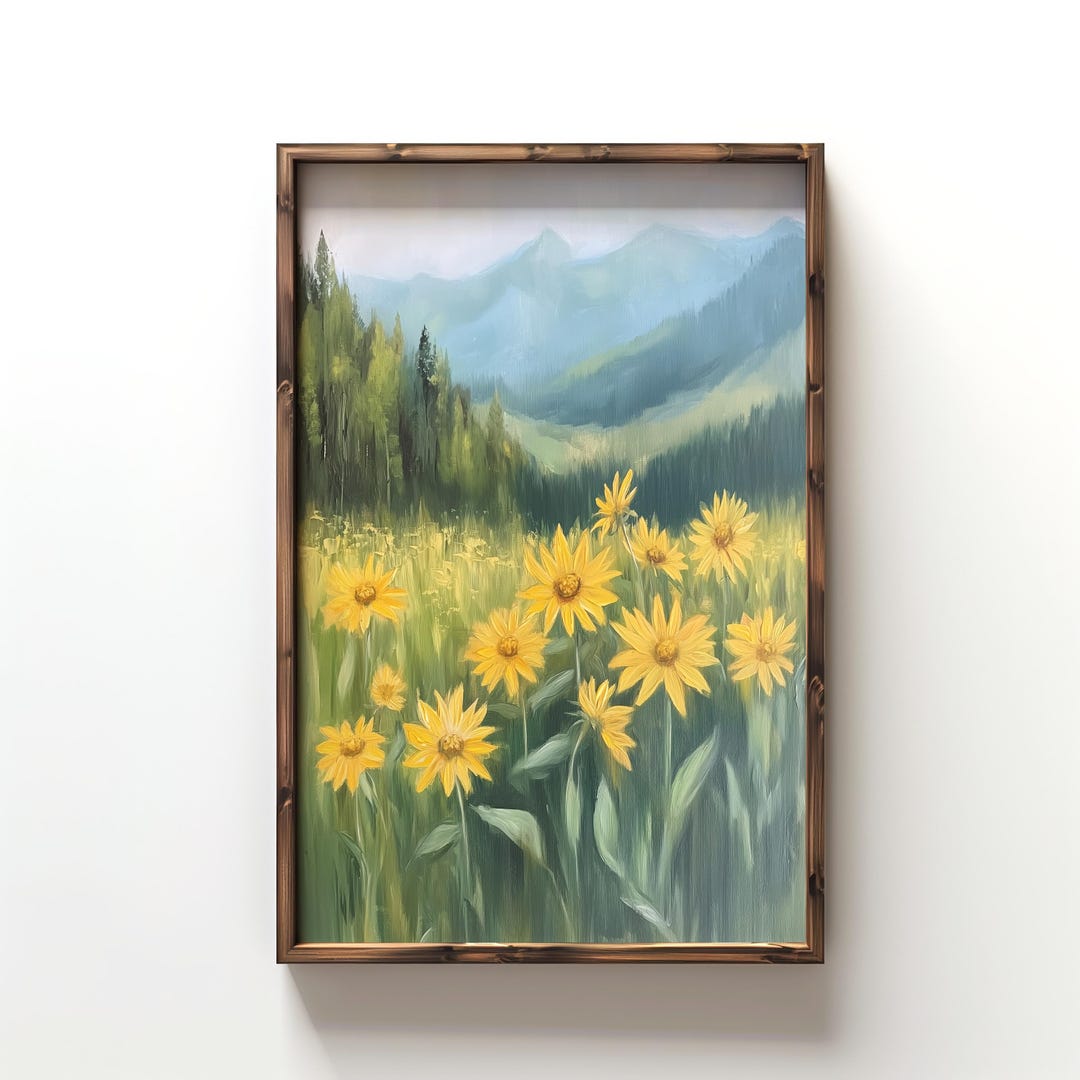 Yellow Flower Field Painting, Arrowleaf Balsamroot Art Print, Moody ...