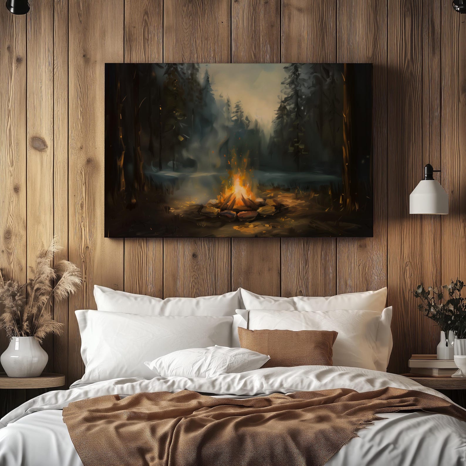Moody Campfire Matte Canvas Print, Camping Theme Wall Art, Rustic Cabin ...