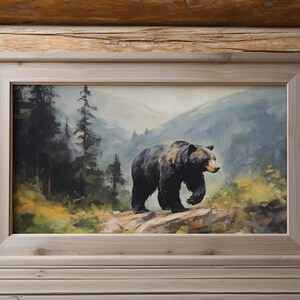 Rustic Black Bear Oil Painting, Woodland Animal Wall Art, Vintage ...