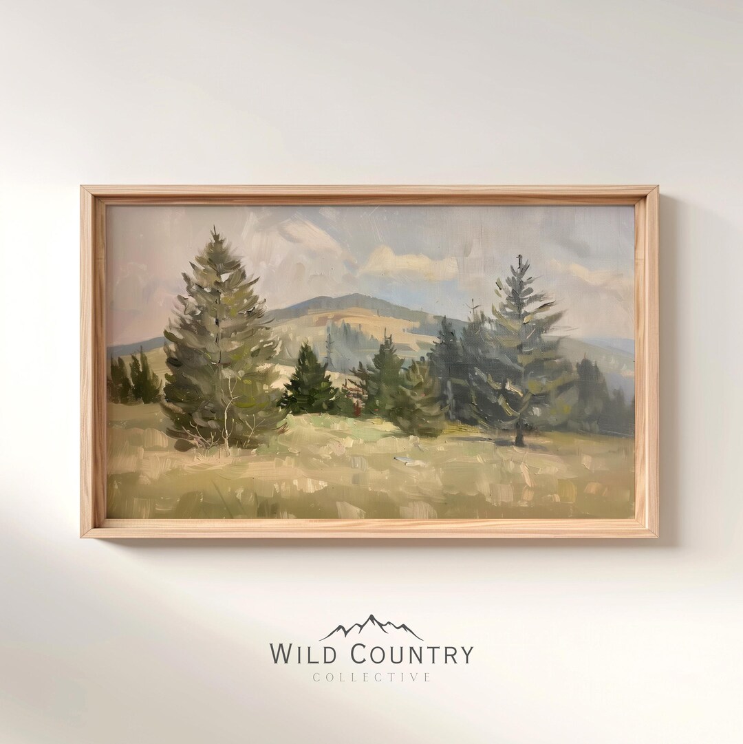Vintage Pine Forest Tree Painting, Muted Pine Tree Wall Art, Evergreen ...