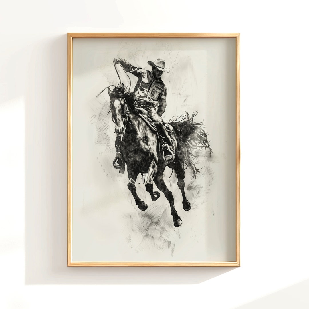 Rodeo Cowboy Sketch Wall Art, Bucking Horse Drawing, Western Rodeo Wall ...