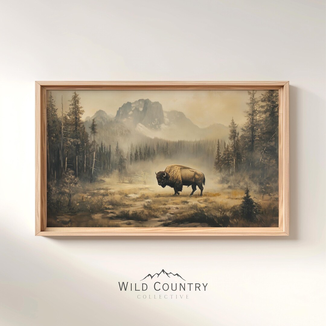 Printable Antique Bison Painting Mountain Landscape Bison Art Print ...