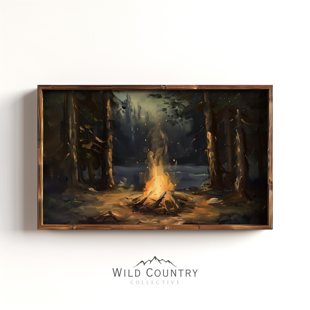 Rustic Campfire Oil Painting, Camping Theme Wall Art, Dark Wall Art ...
