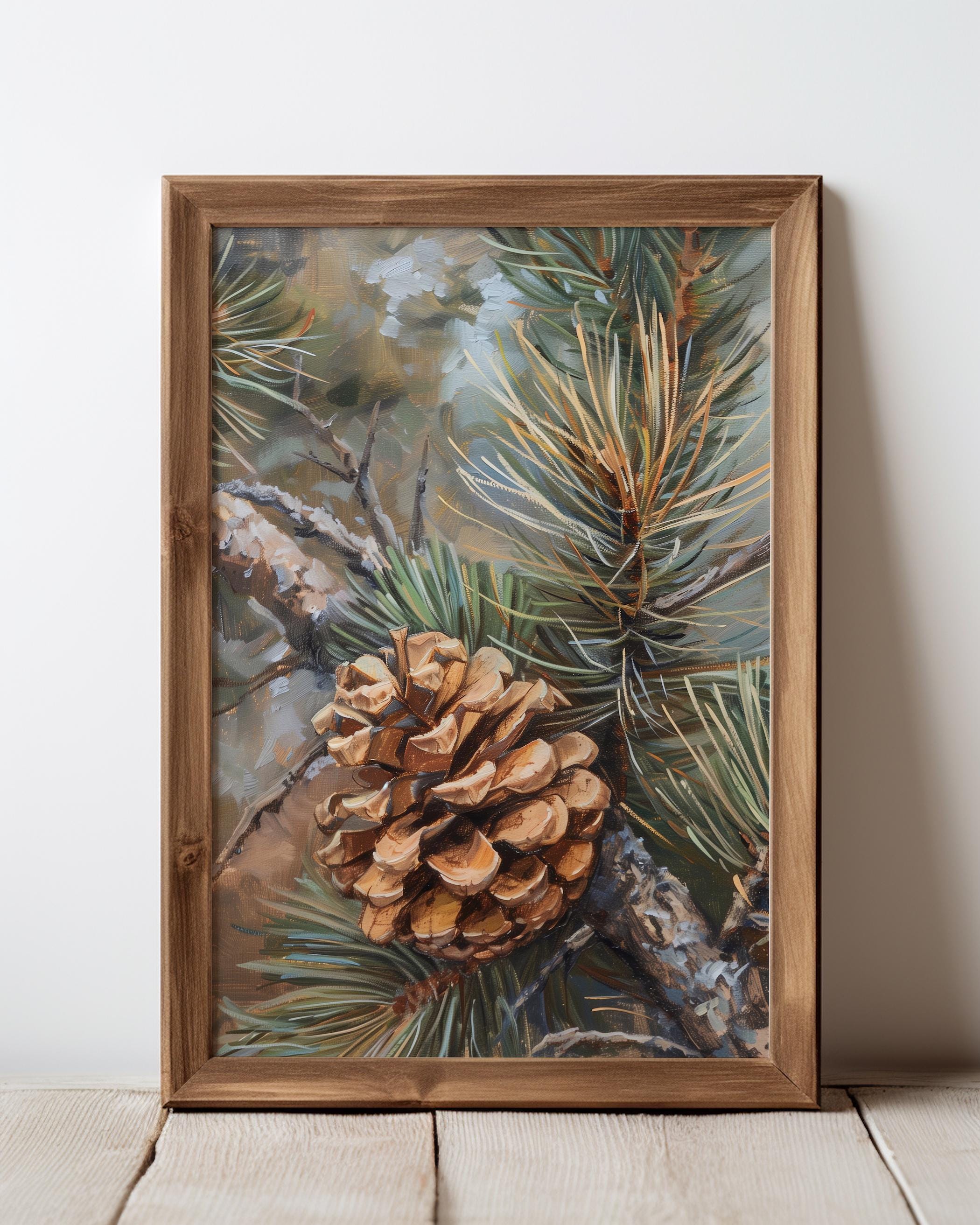 Vintage Pine Cone Oil Painting, Pine Tree Wall Art, Christmas Holiday ...