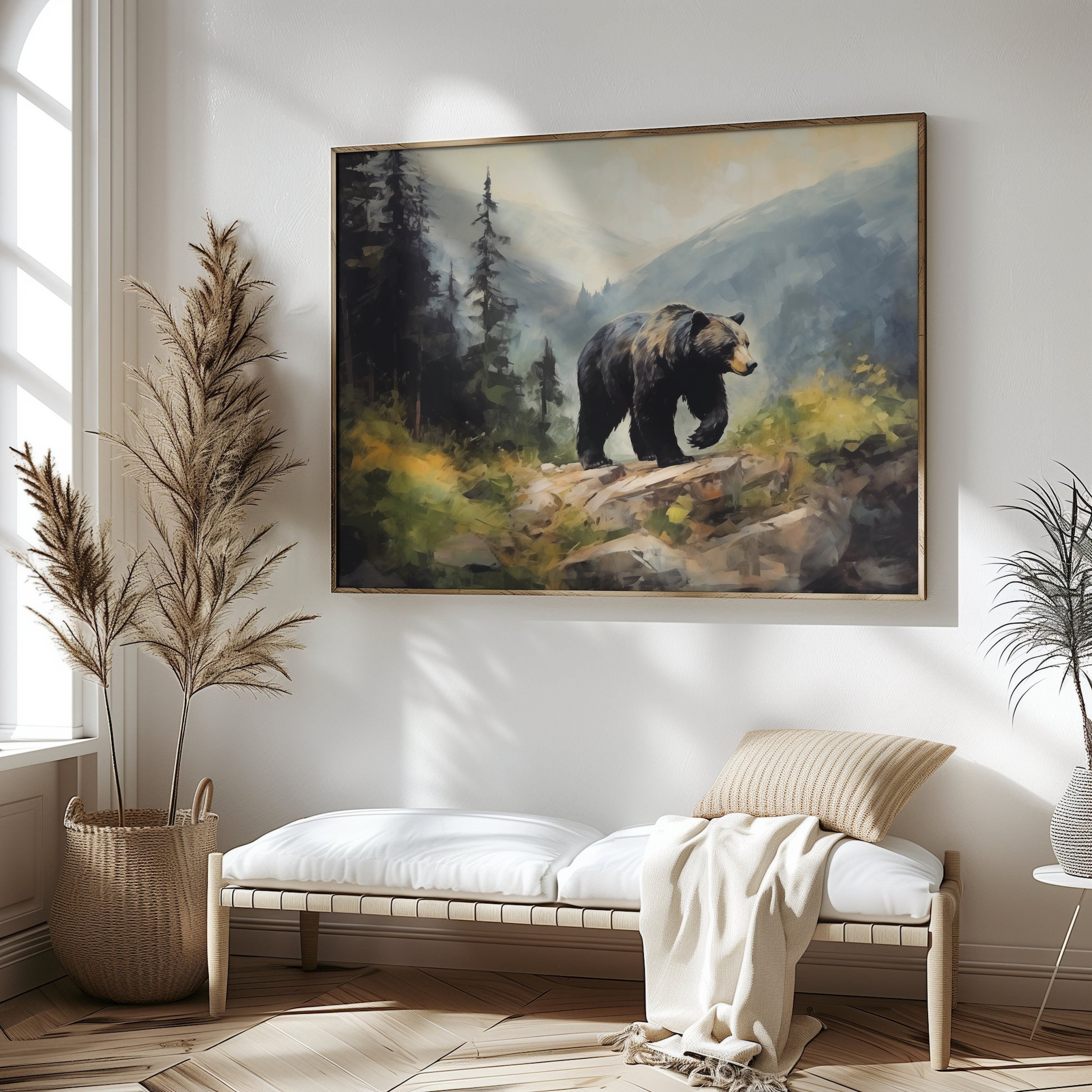 Rustic Black Bear Oil Painting, Woodland Animal Wall Art, Vintage ...