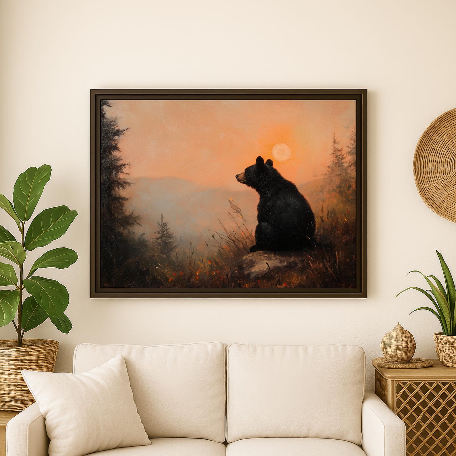 Framed Canvas Black Bear Painting Sunset Wall Art for Cabin Nature ...