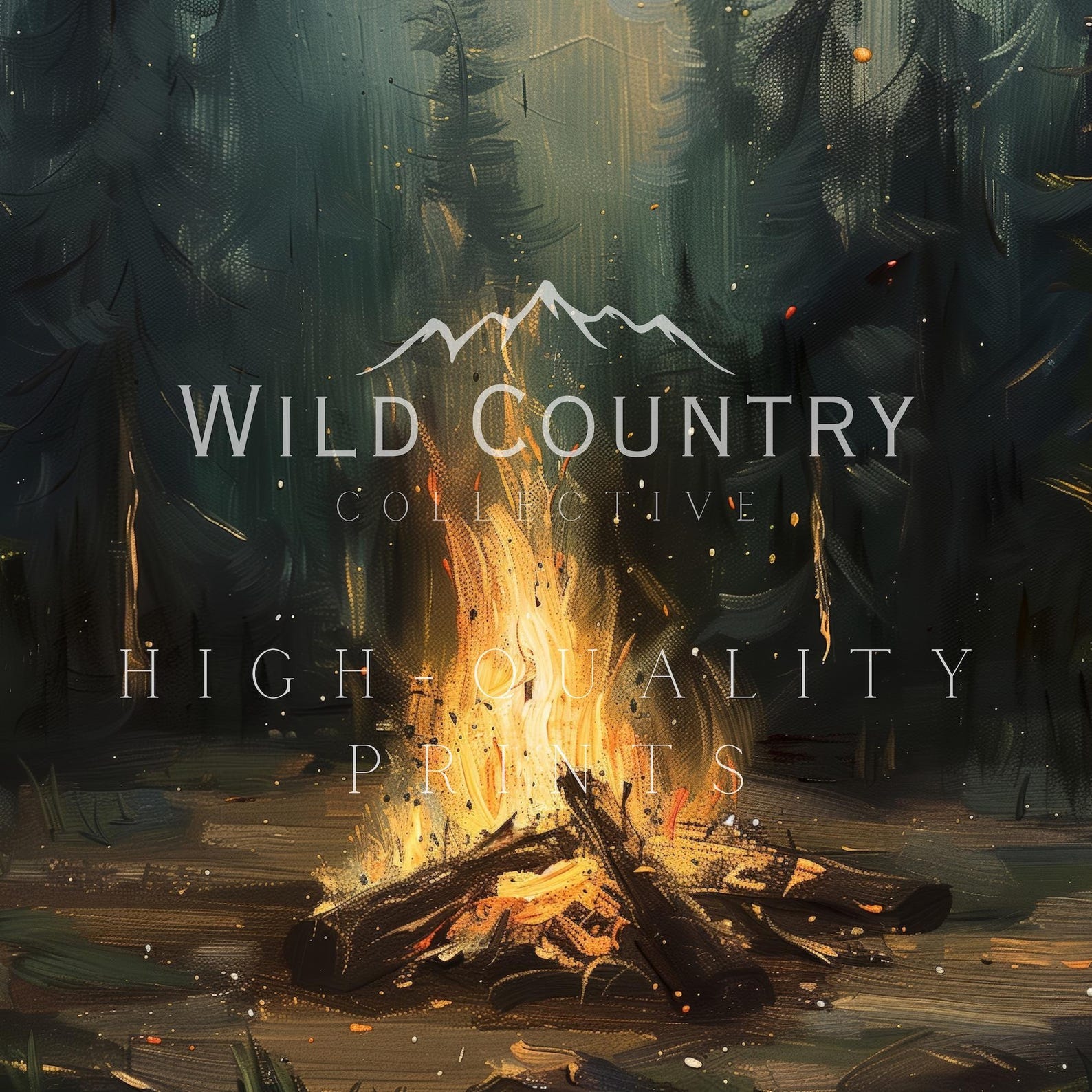 Rustic Campfire Art Print, Vintage Forest Painting, Moody Pine Tree ...