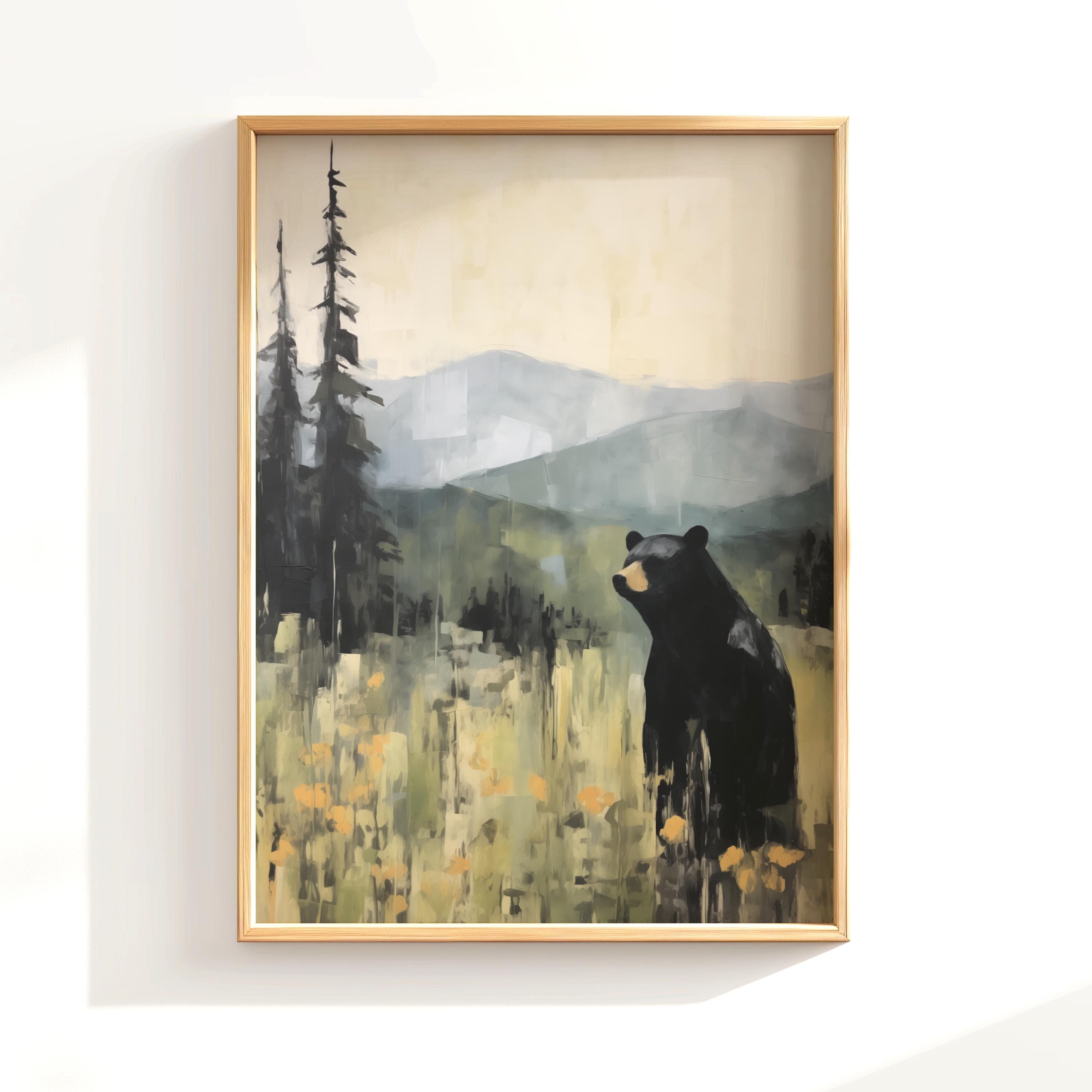 Muted Black Bear Wall Art Flower Landscape Painting Black Bear Print ...