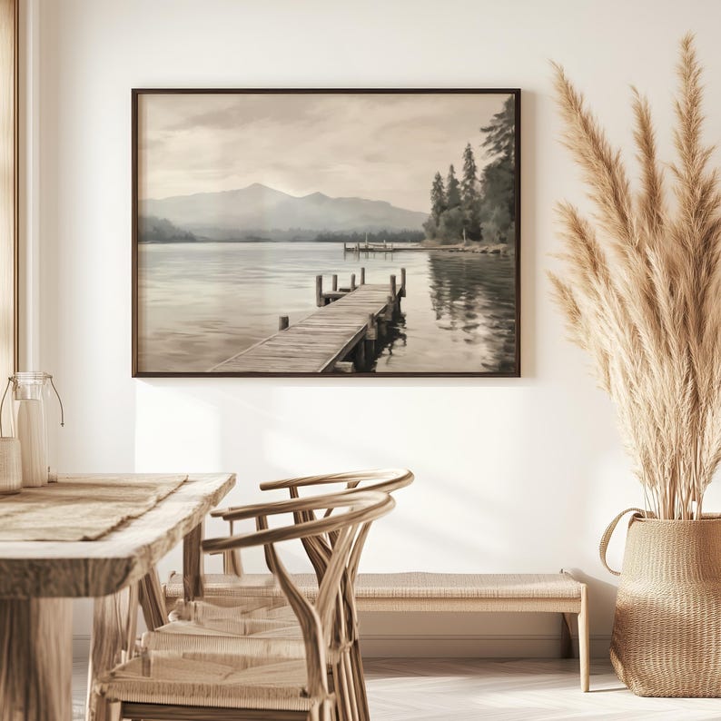 Printable Dockside Lake Painting, Vintage Lake View Wall Art, Lake ...
