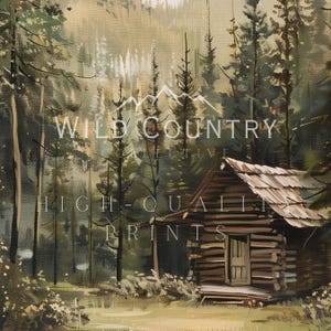 Rustic Log Cabin Art Print, Pine Tree Forest Wall Art, Cabin in the ...