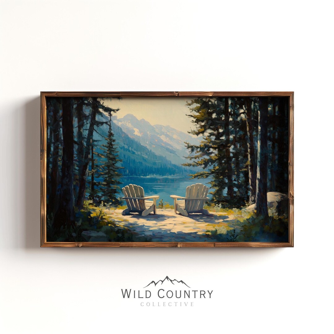 Quaint Adirondack Chairs Art Print, Landscape Lake Painting, Cabin ...