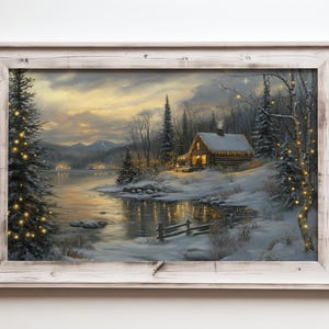 Vintage Christmas Cabin Art Print, Snowy Trees Wall Art, Christmas Wall ...