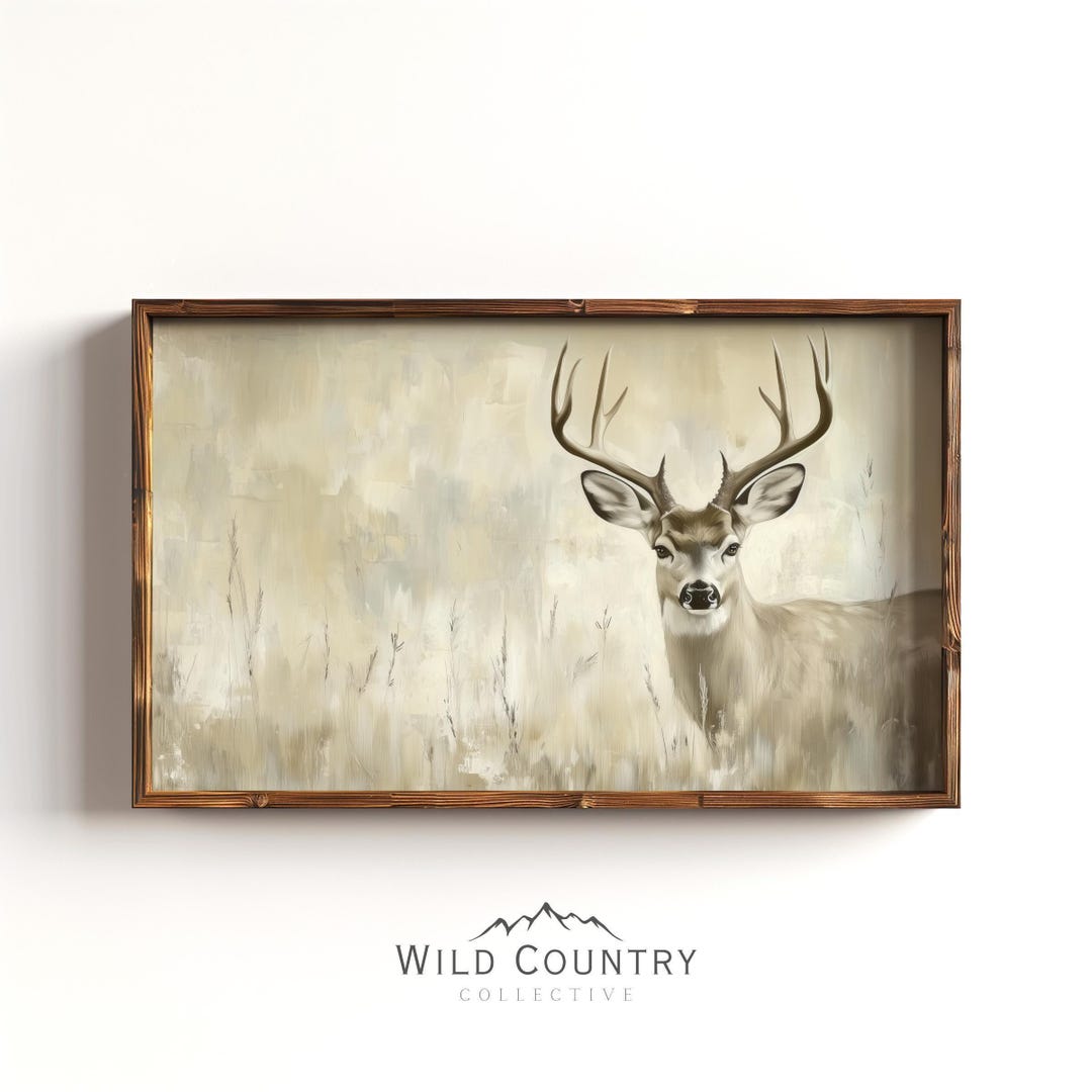 Rustic Deer Landscape Painting, Man Cave Hunting Decor, Cabin Wall Art ...