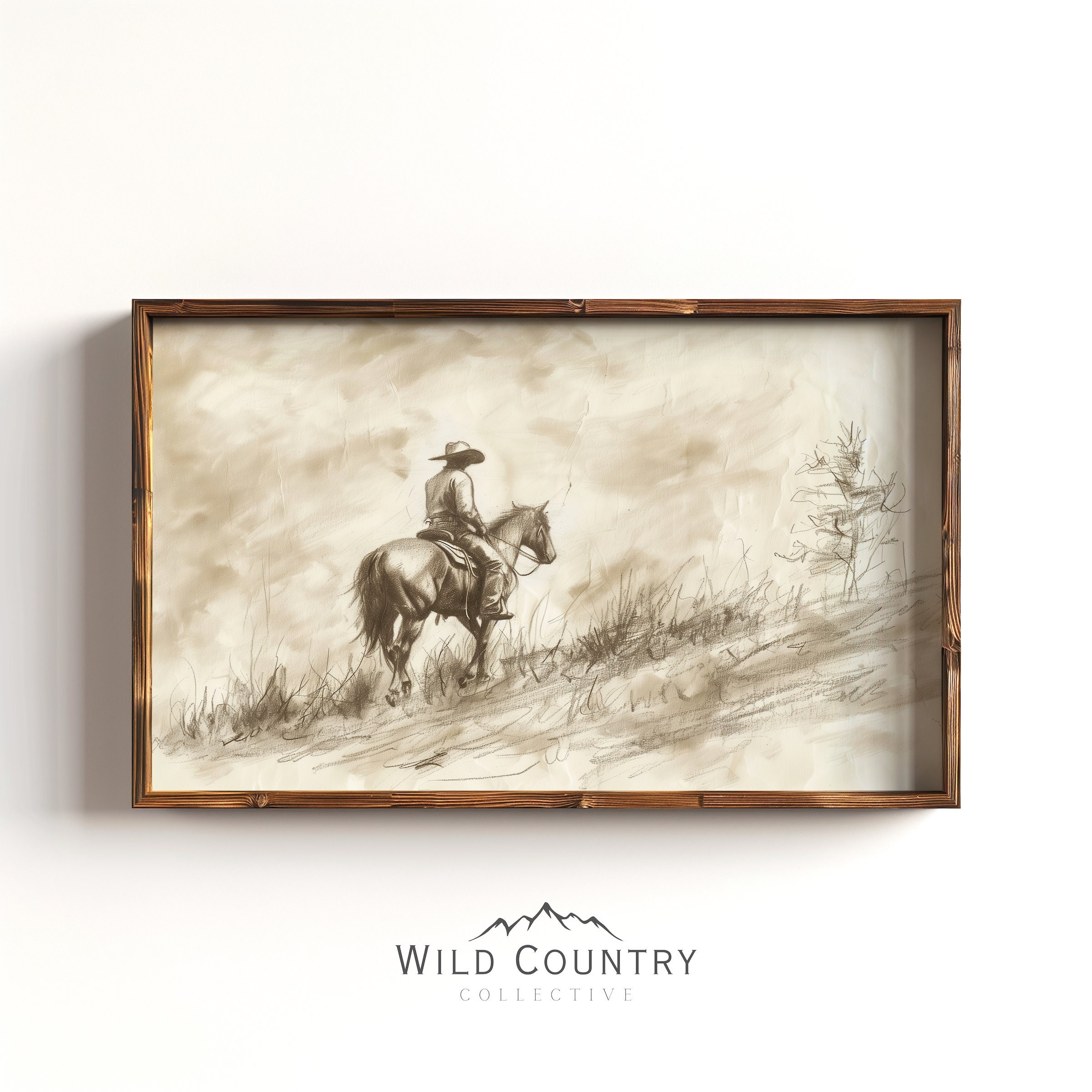 Western Cowboy Sketch Art Poster, Rustic Horse Rider Drawing, Country ...