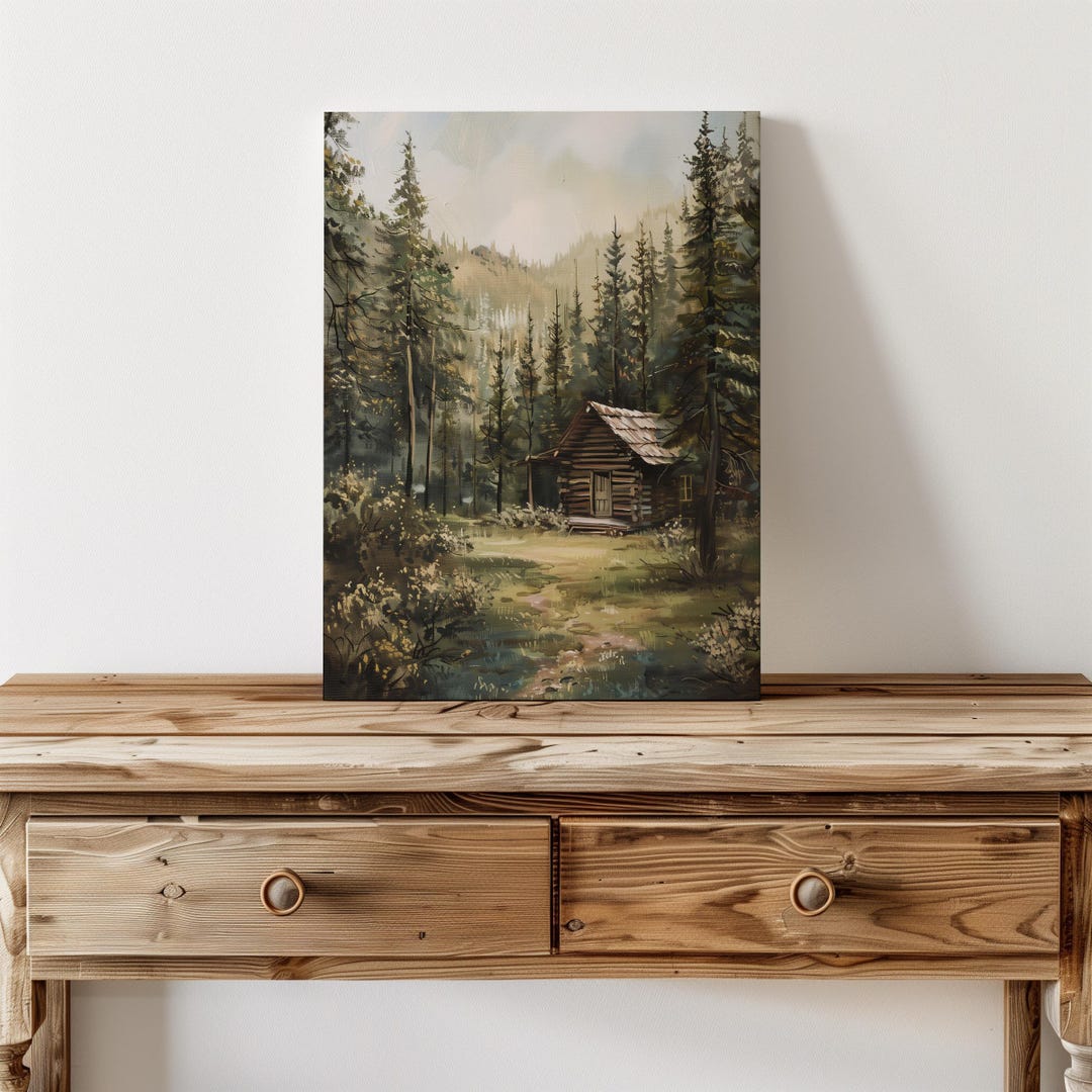 Rustic Log Cabin Canvas, Evergreen Forest Landscape, Pine Tree Wall Art ...