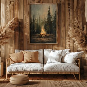Rustic Campfire Oil Painting, Moody Pine Tree Poster Print, Camping ...