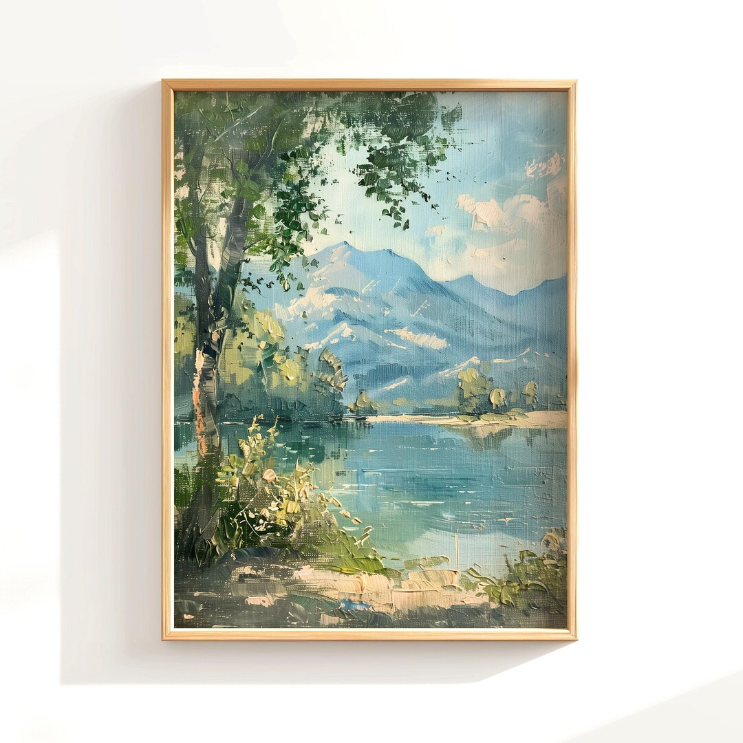Printable Gorgeous Blue River Oil Painting, Vintage Nature Art ...