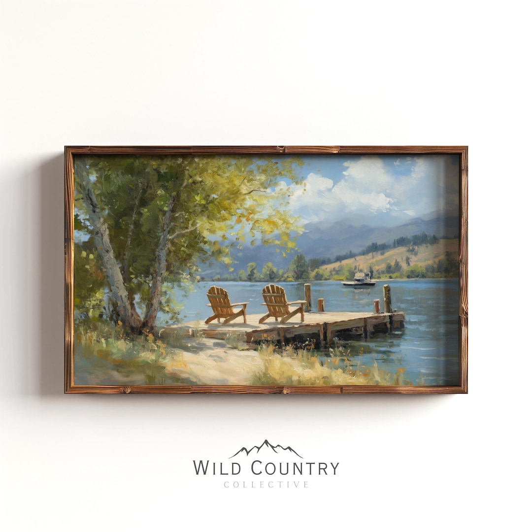 Adirondack Chairs Poster, Vintage Lake Landscape Art, Mountain Wall Art ...