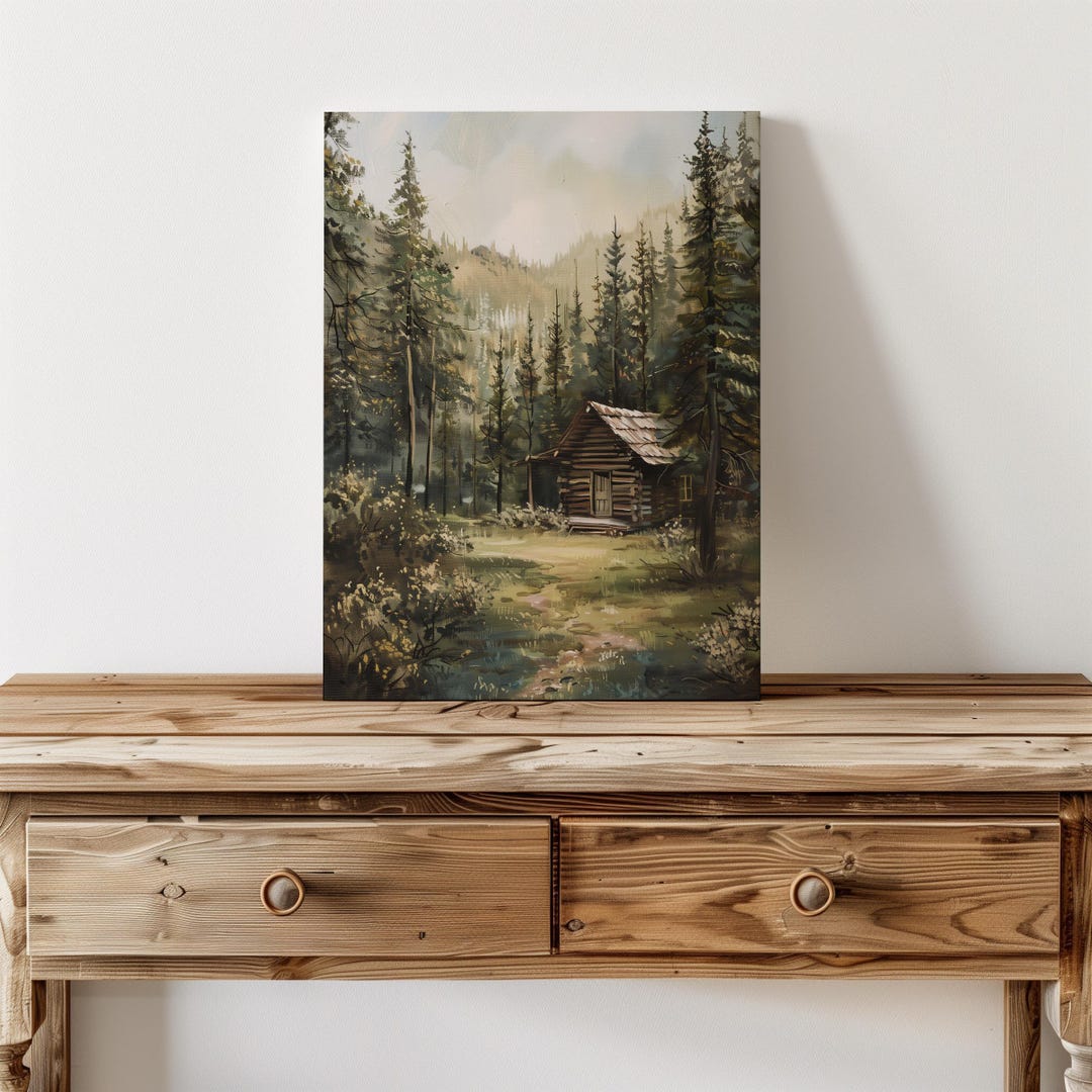 Rustic Log Cabin Canvas, Evergreen Forest Landscape, Pine Tree Wall Art ...
