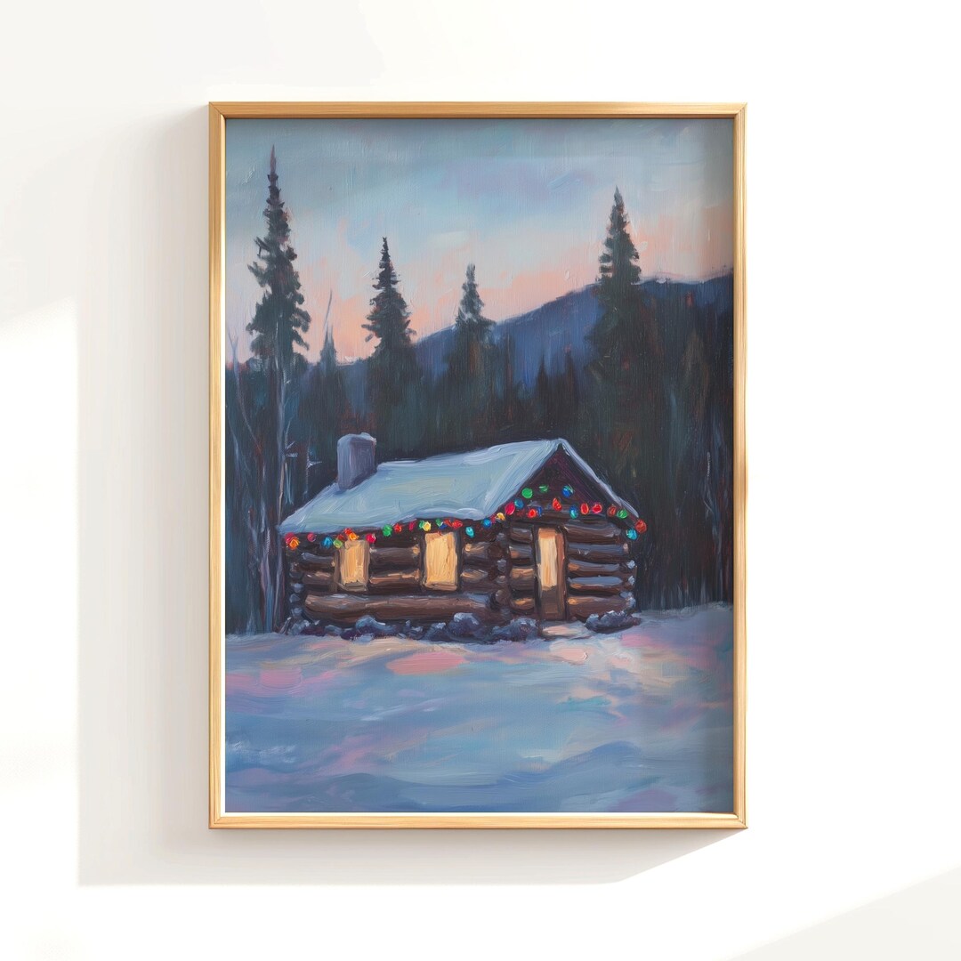 Printable Quaint Christmas Cabin Art, Log Cabin Decor, Vintage Wall Art ...