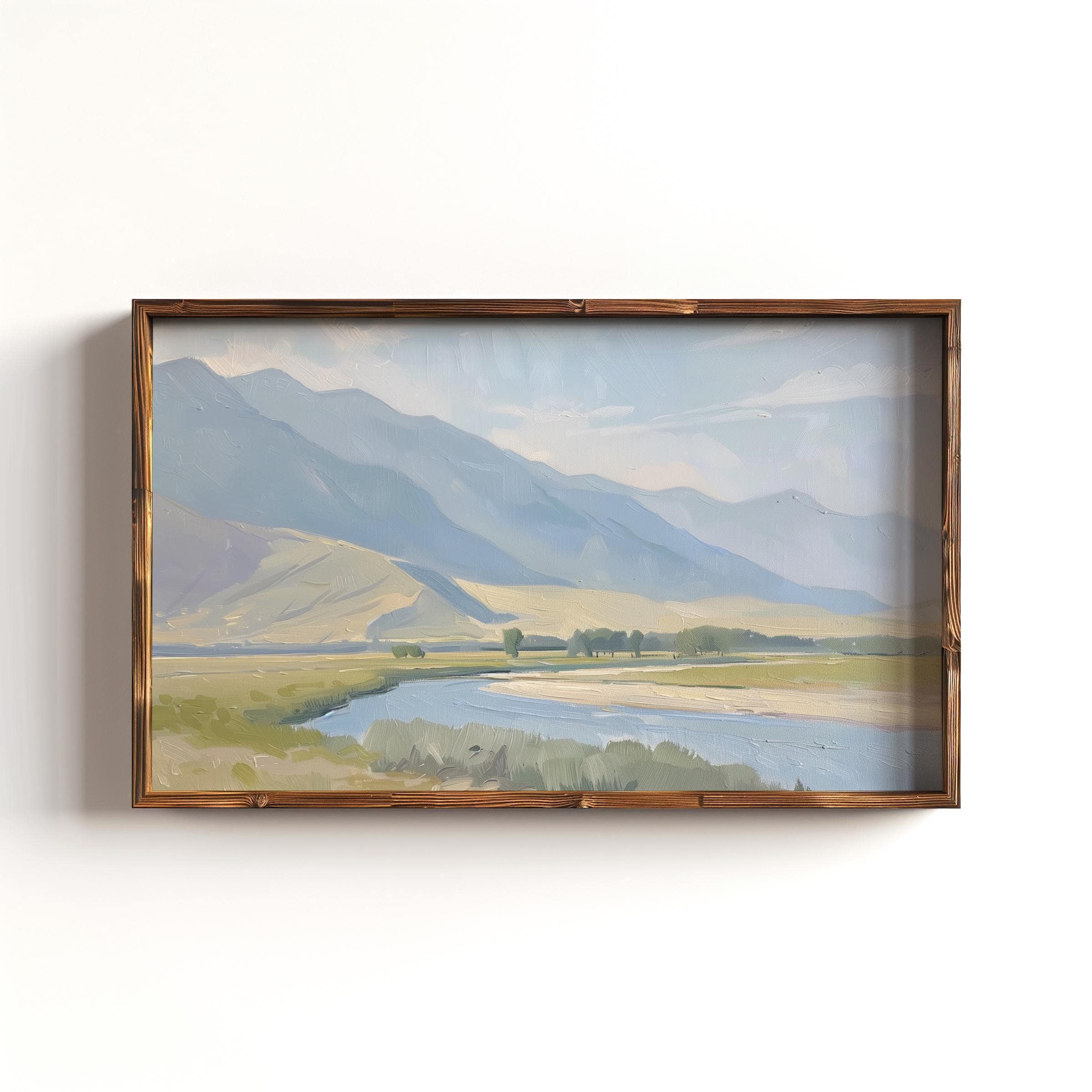 Vintage Faint River Oil Painting, Muted River Poster Print, Mountain ...
