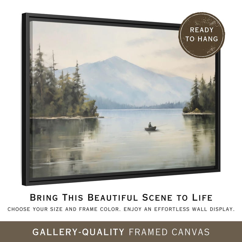 Framed Canoe Canvas Print: Large Mountain Lake Fisherman Scene Wall Art ...