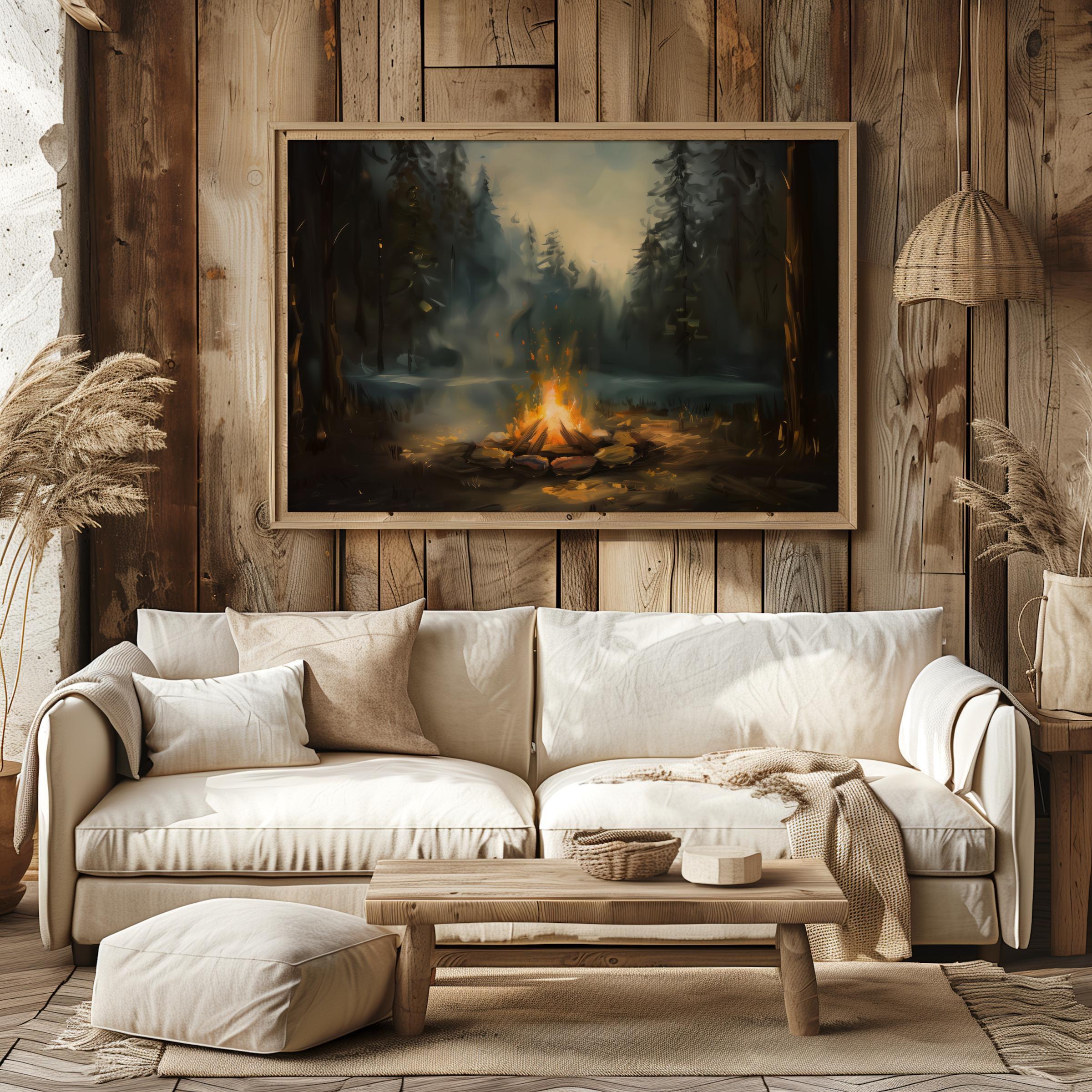 Moody Campfire Wall Art Print, Pine Tree Painting, Dark Wall Art ...