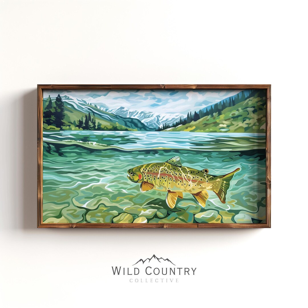 Crystal Clear Trout Oil Painting, Lake Landscape Painting, Vintage ...