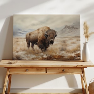 American Bison Art Print, Mountain Landscape Painting, Vintage Buffalo ...