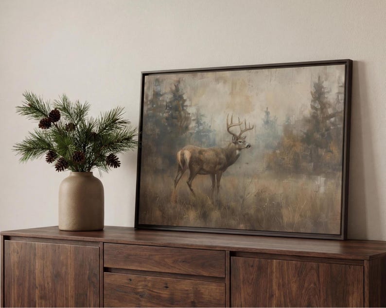 Framed Deer Canvas Rustic Wildlife Wall Art Buck in Forest Landscape ...