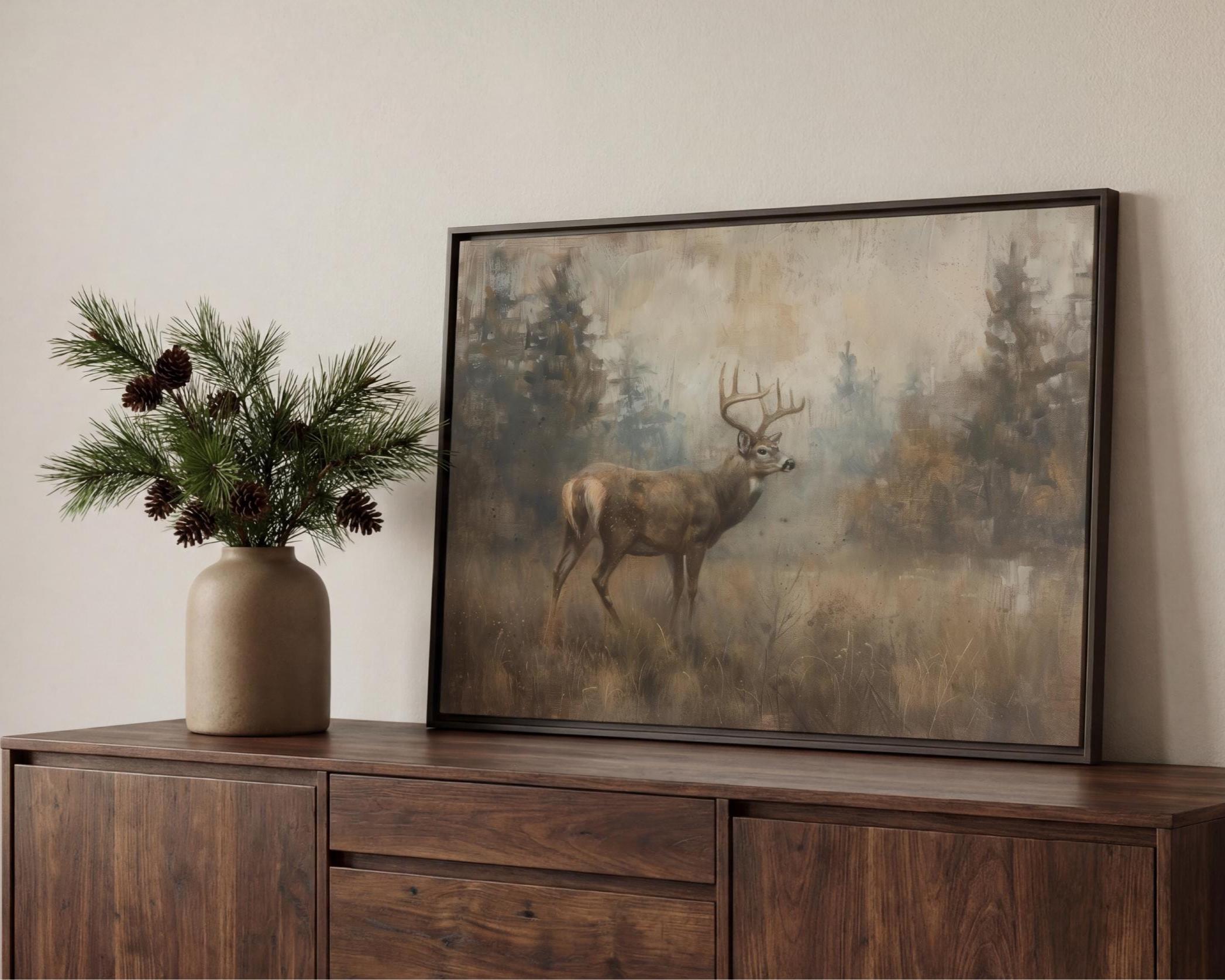 Framed Deer Canvas Rustic Wildlife Wall Art Buck in Forest Landscape ...