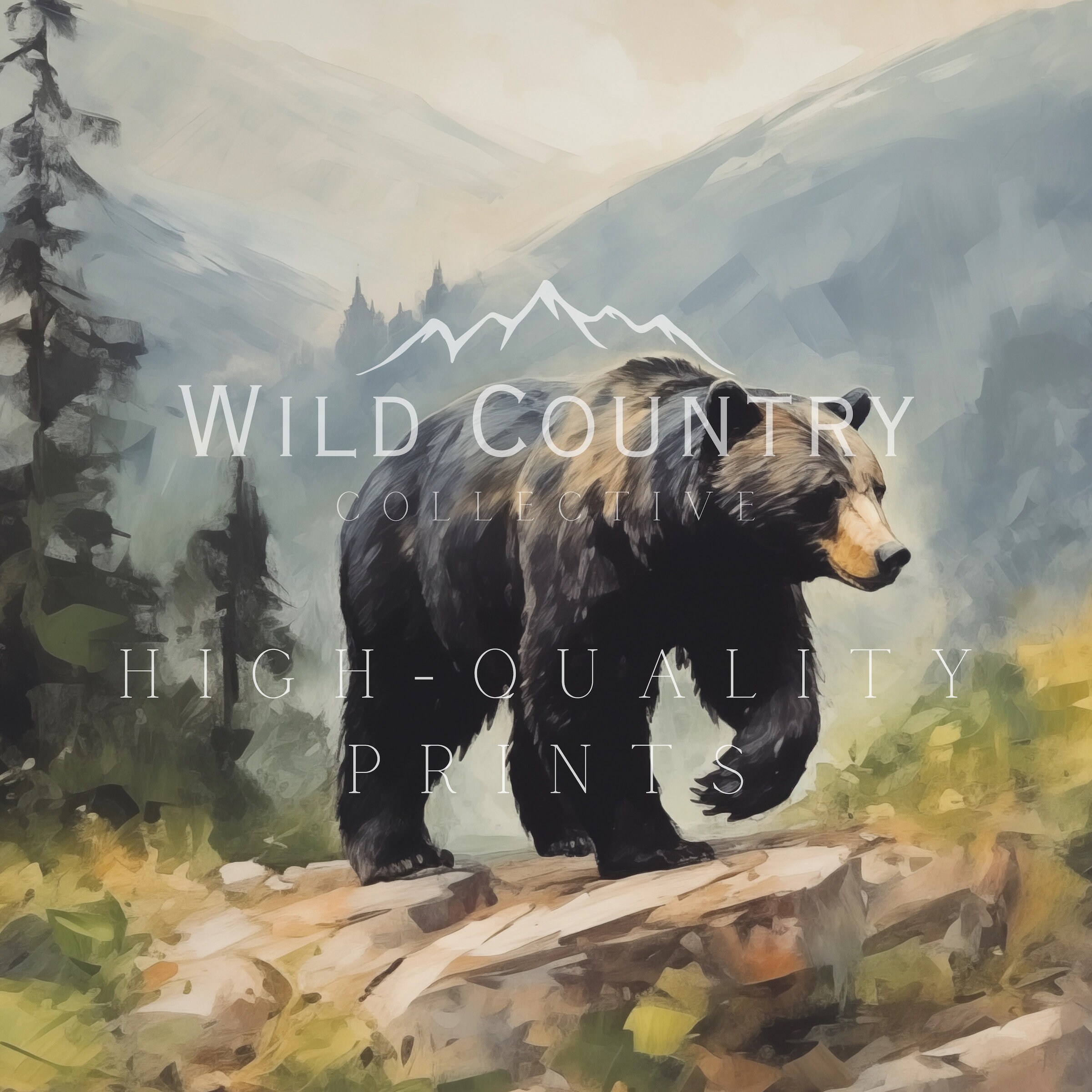 Rustic Black Bear Oil Painting, Woodland Animal Wall Art, Vintage ...