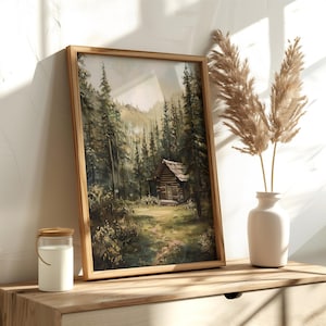 Rustic Log Cabin Art Print, Pine Tree Forest Wall Art, Cabin in the ...