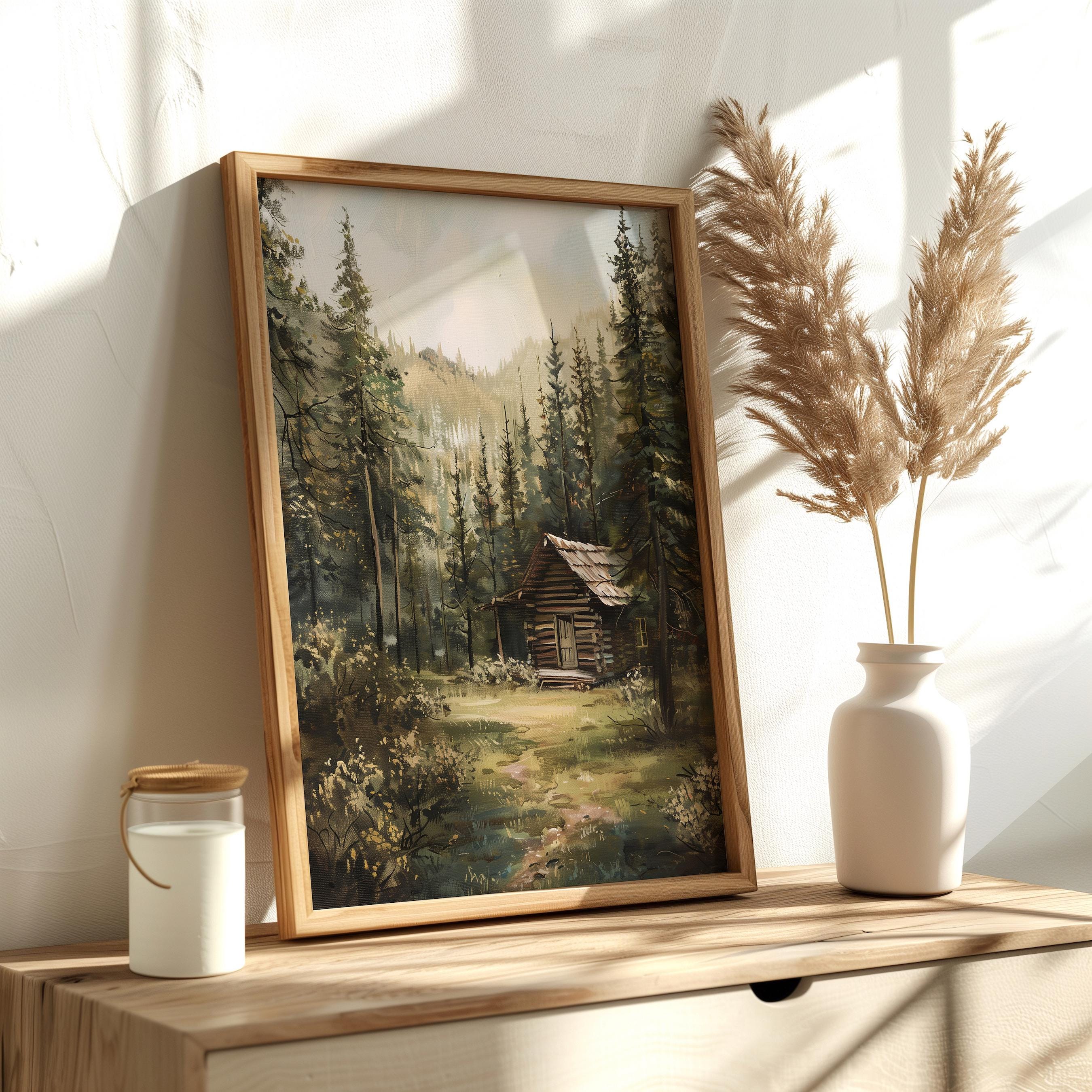 Rustic Log Cabin Art Print, Pine Tree Forest Wall Art, Cabin in the ...