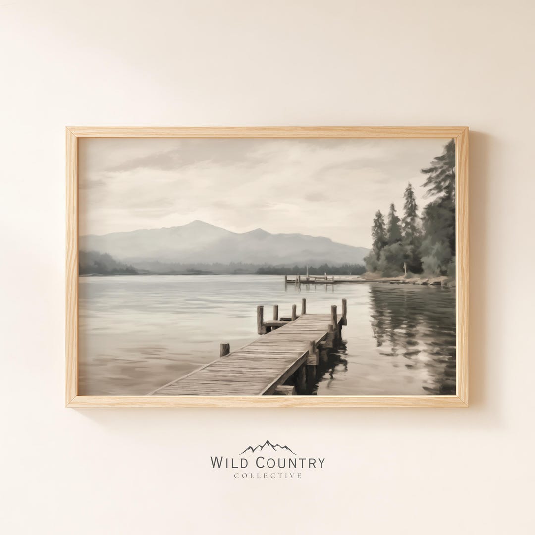 Printable Dockside Lake Painting, Vintage Lake View Wall Art, Lake ...