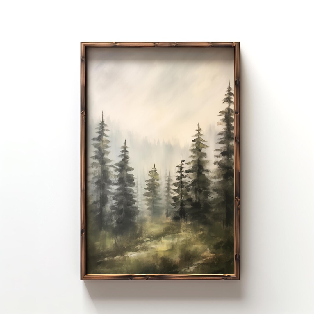 Evergreen Pine Tree Art Print, Foggy Forest Landscape, Mountain Cabin ...