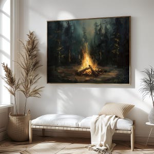 Rustic Campfire Art Print, Vintage Forest Painting, Moody Pine Tree ...