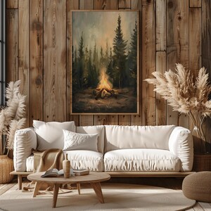 Rustic Campfire Oil Painting, Moody Pine Tree Poster Print, Camping ...