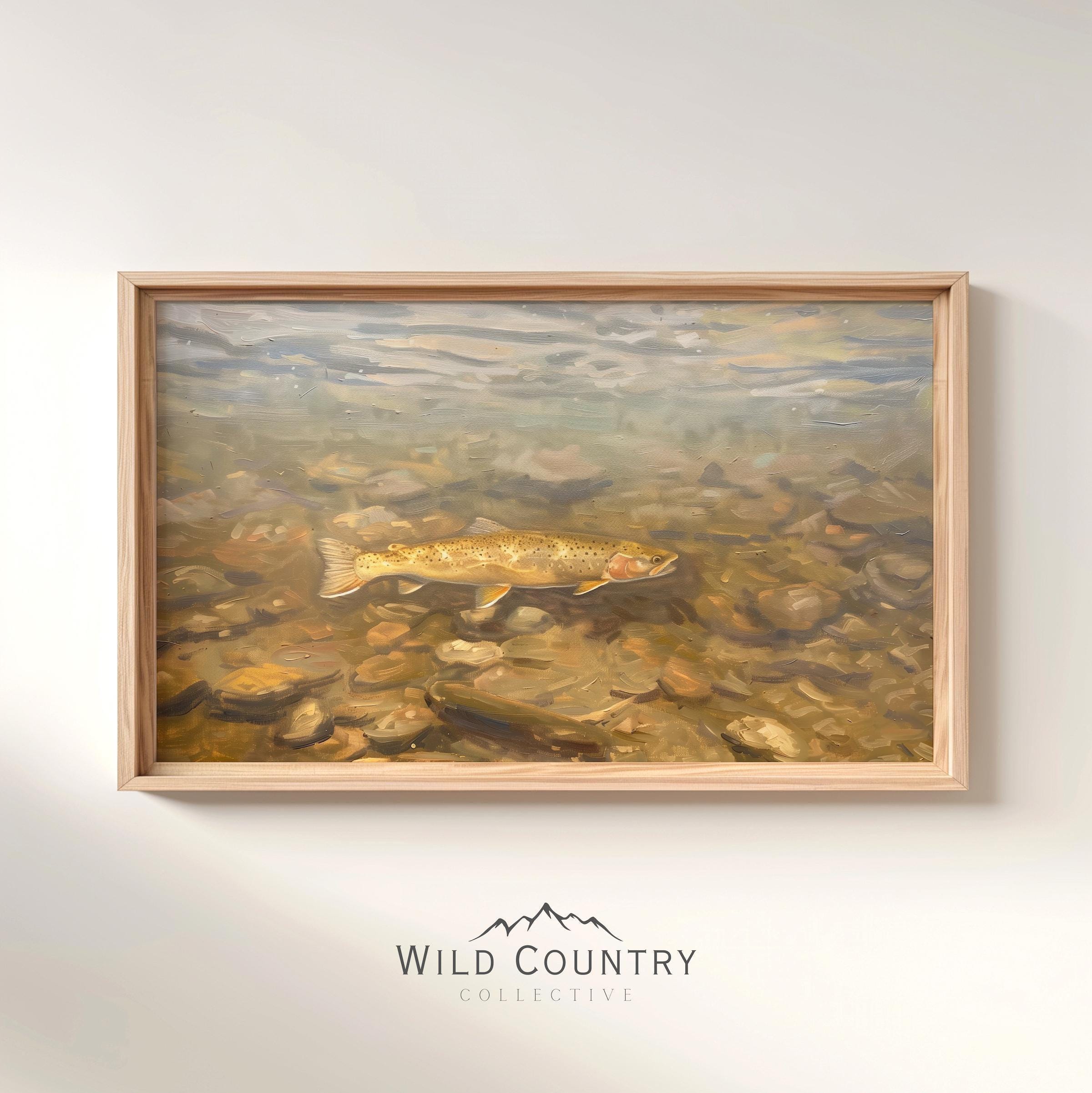 Antique Trout Oil Painting, Lake Landscape Painting, Trout Fish Wall ...