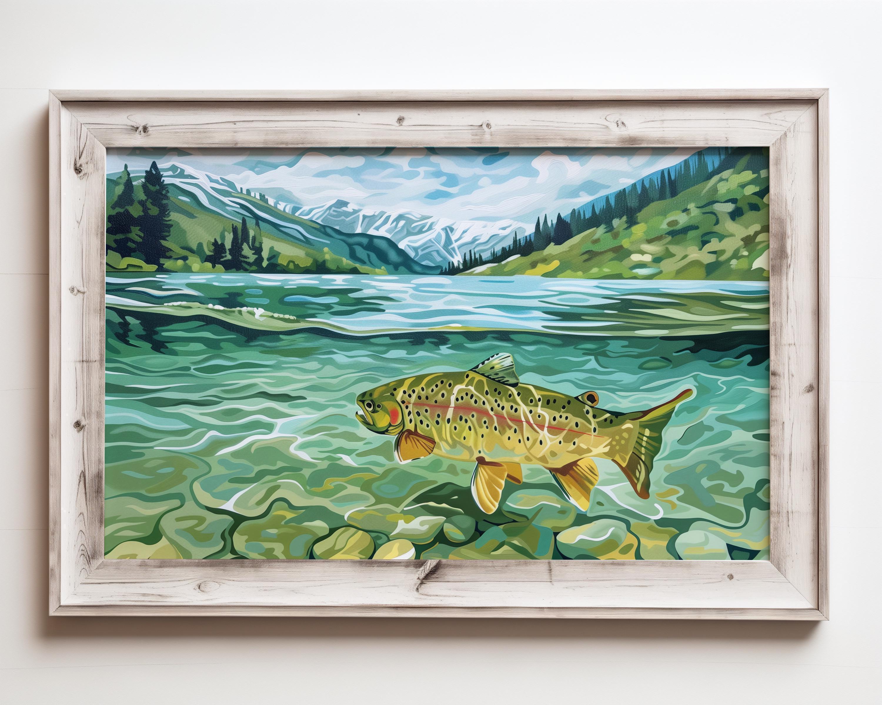 Crystal Clear Trout Oil Painting, Lake Landscape Painting, Vintage ...