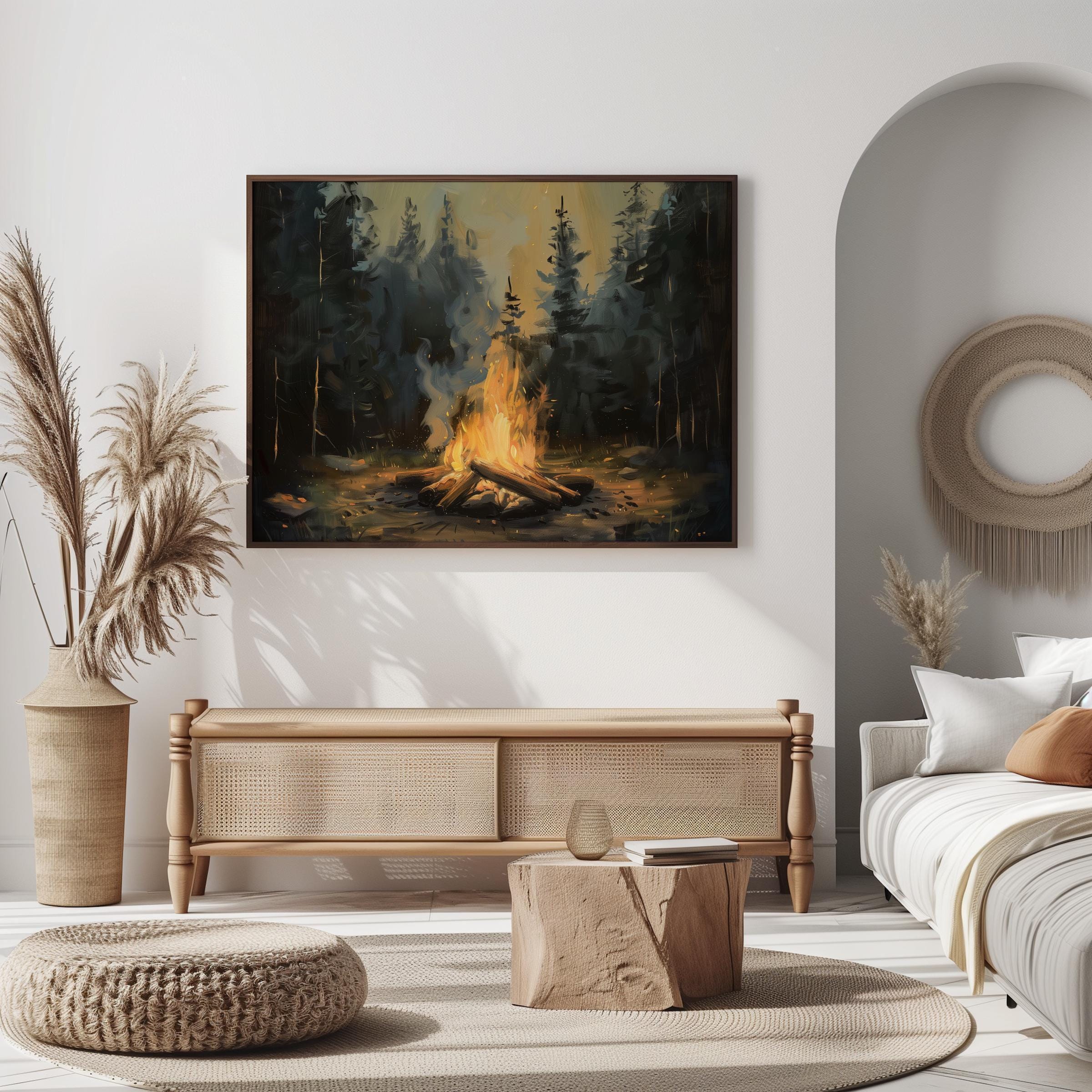Vintage Campfire Wall Art Print, Dark Forest Painting, Rustic Wall Art ...