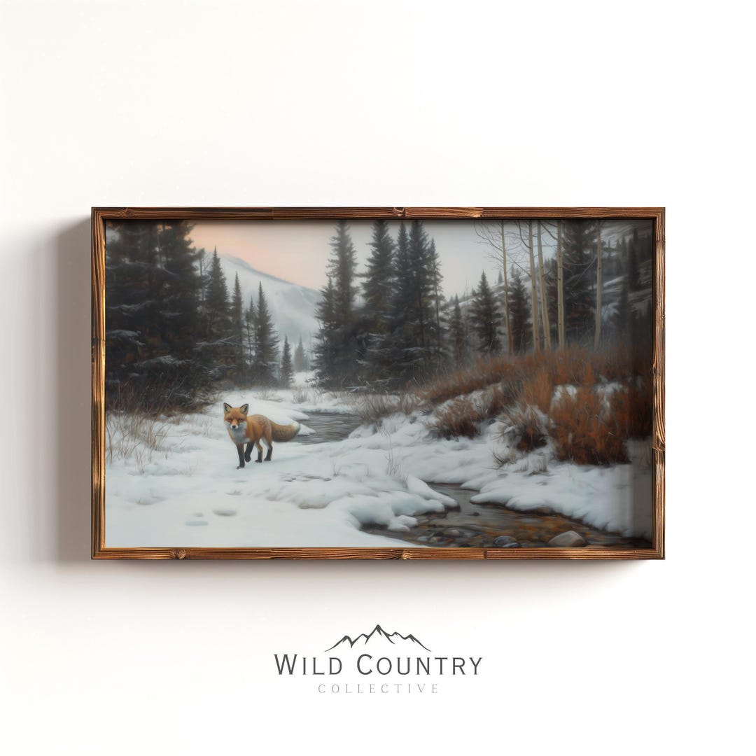 Rustic Red Fox Art Print, Winter Forest Painting, Pine Forest Wall Art ...
