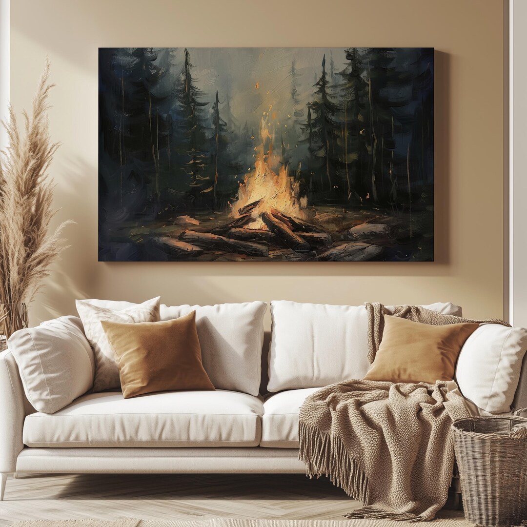Moody Campfire Painting, Dark Wall Art, Rustic Pine Tree Canvas Print ...