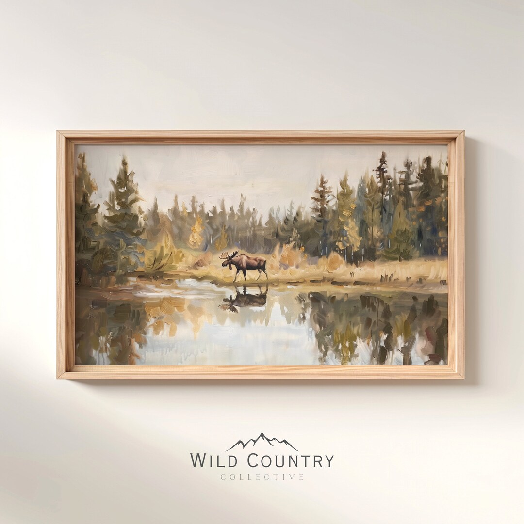Printable Hidden Moose Wall Art, Rustic Moose Oil Painting, Montana Painting, Cabin Decor ...