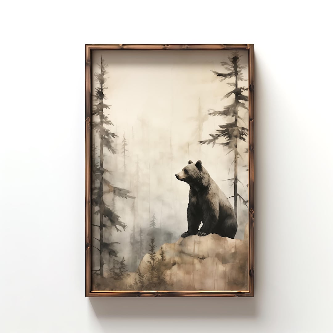Rustic Black Bear Wall Art Nursery Print Bear Painting Woodland Art ...