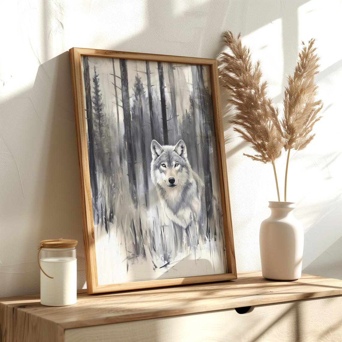 Snowy Wolf Art Print, Wildlife Wall Hanging, Moody Forest Decor, Rustic ...