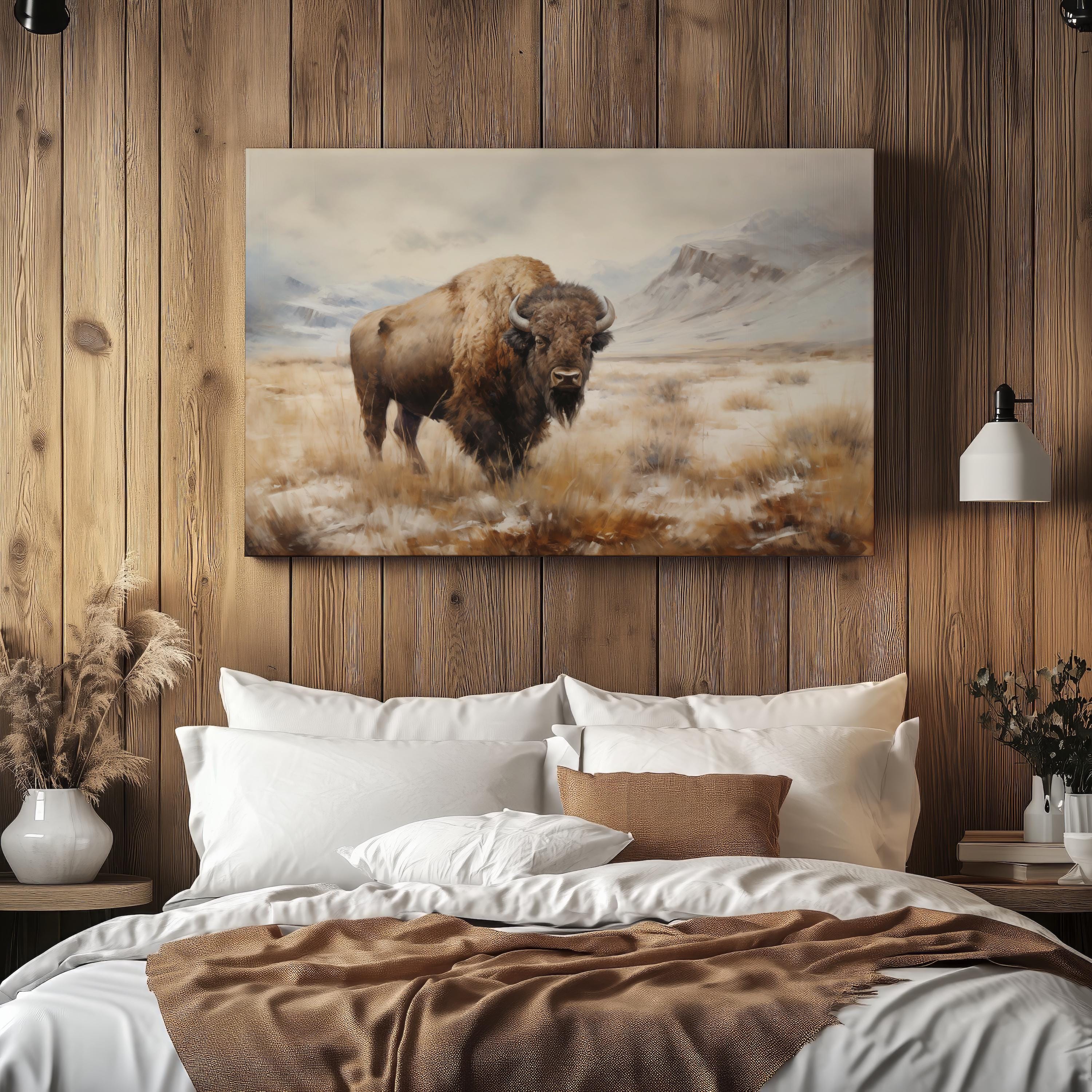 Vintage Buffalo Matte Canvas, American Bison Oil Painting Print on ...
